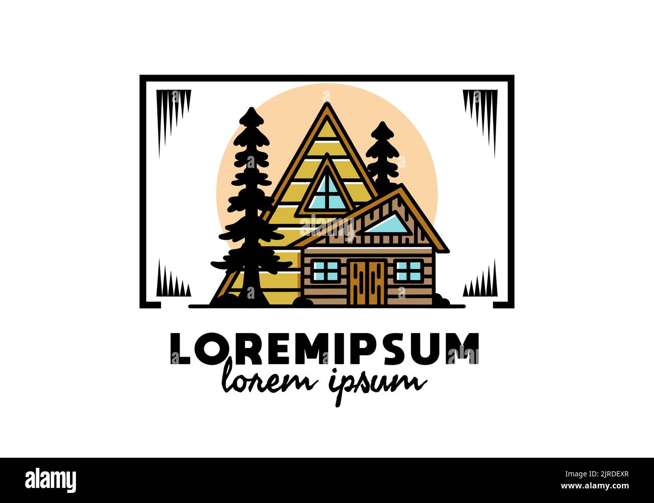 Illustration badge design of an aesthetic wood house between two pine ...