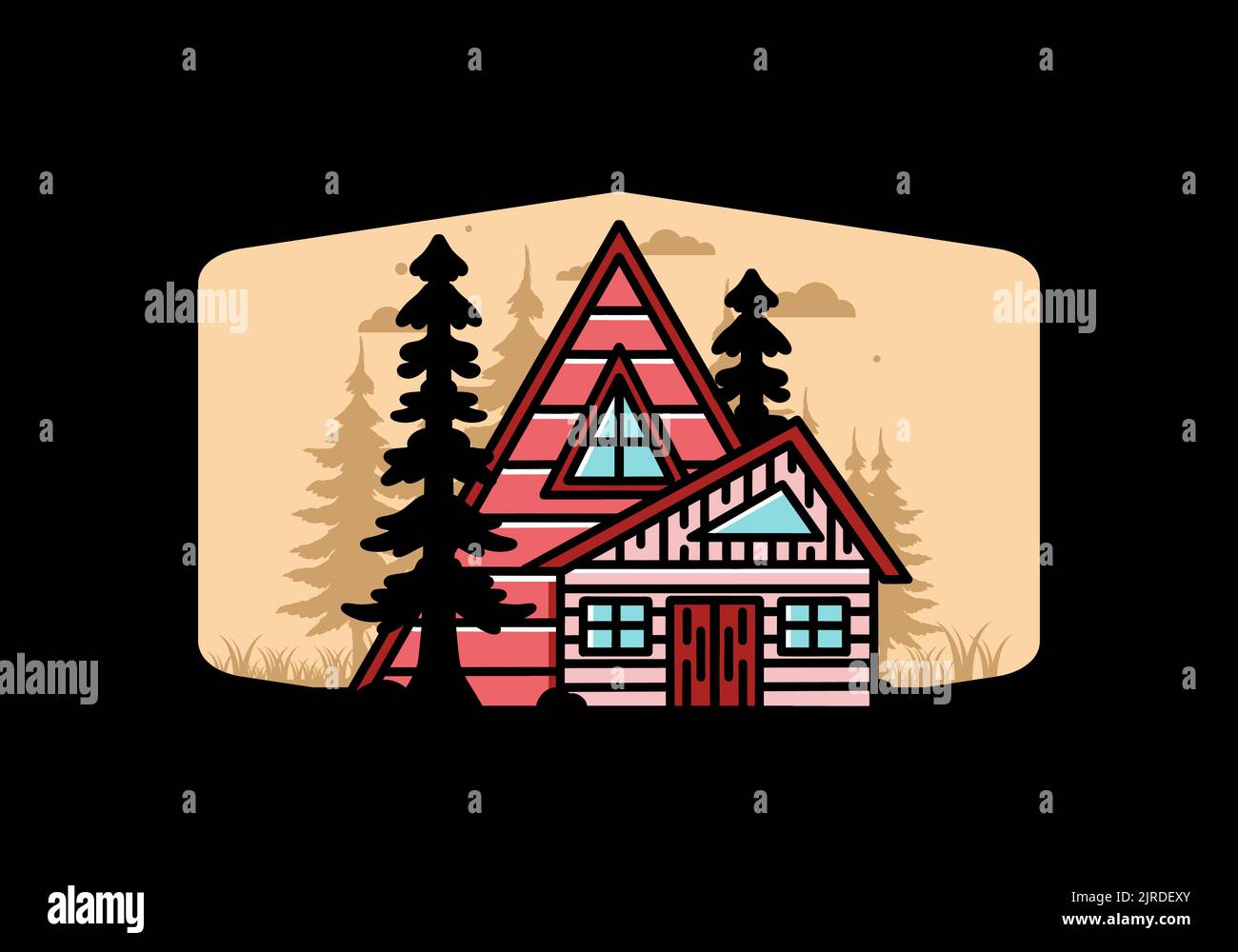 Illustration badge design of an aesthetic wood house between two pine ...