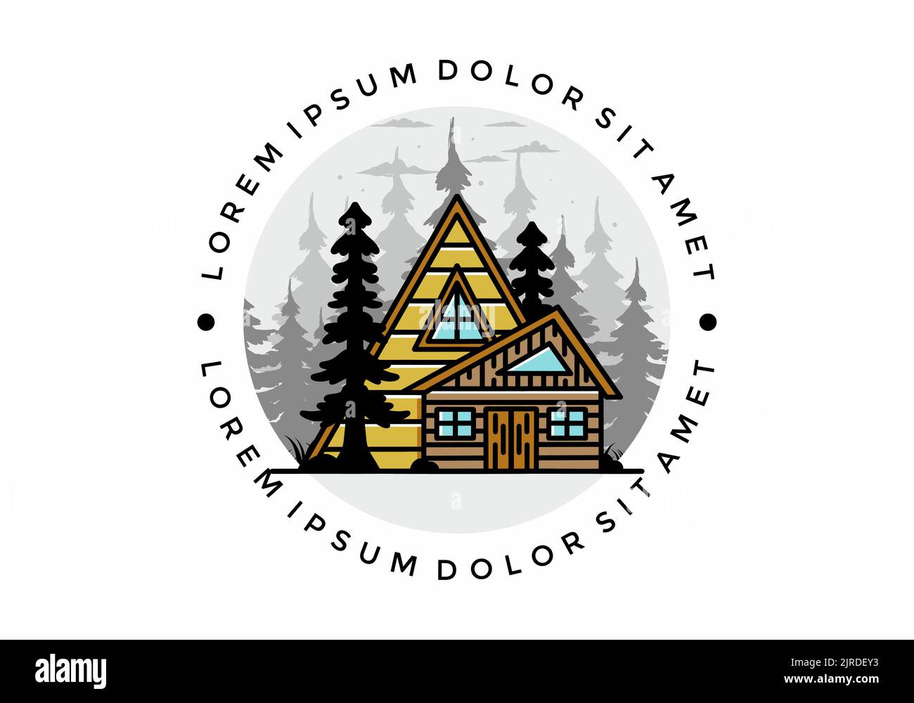 Illustration badge design of an aesthetic wood house between two pine ...