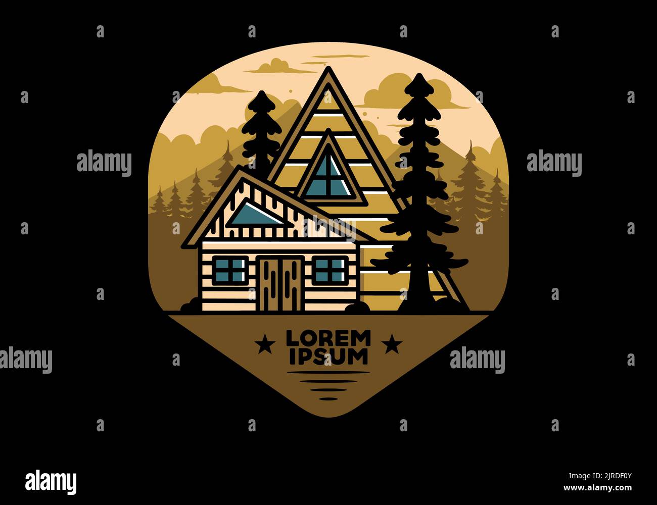 Illustration badge design of an aesthetic wood house between two pine ...