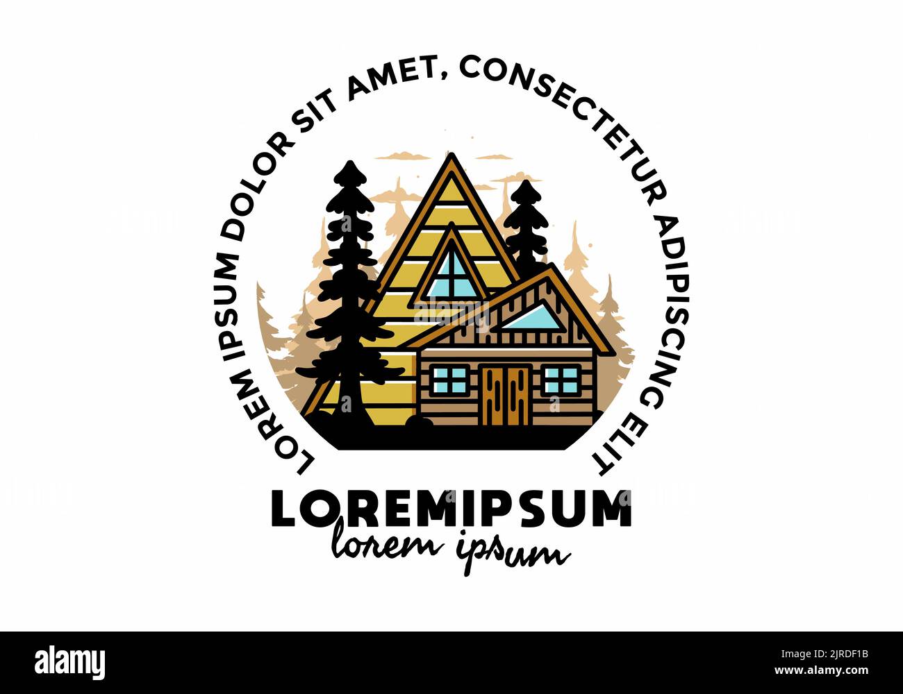 Illustration badge design of an aesthetic wood house between two pine ...