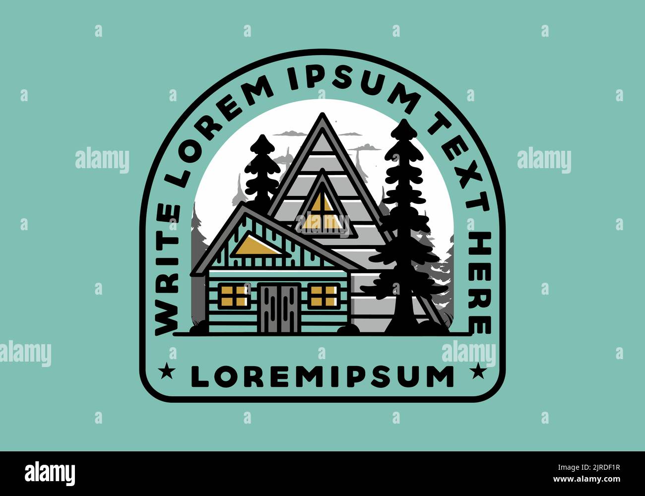 Illustration badge design of an aesthetic wood house between two pine ...