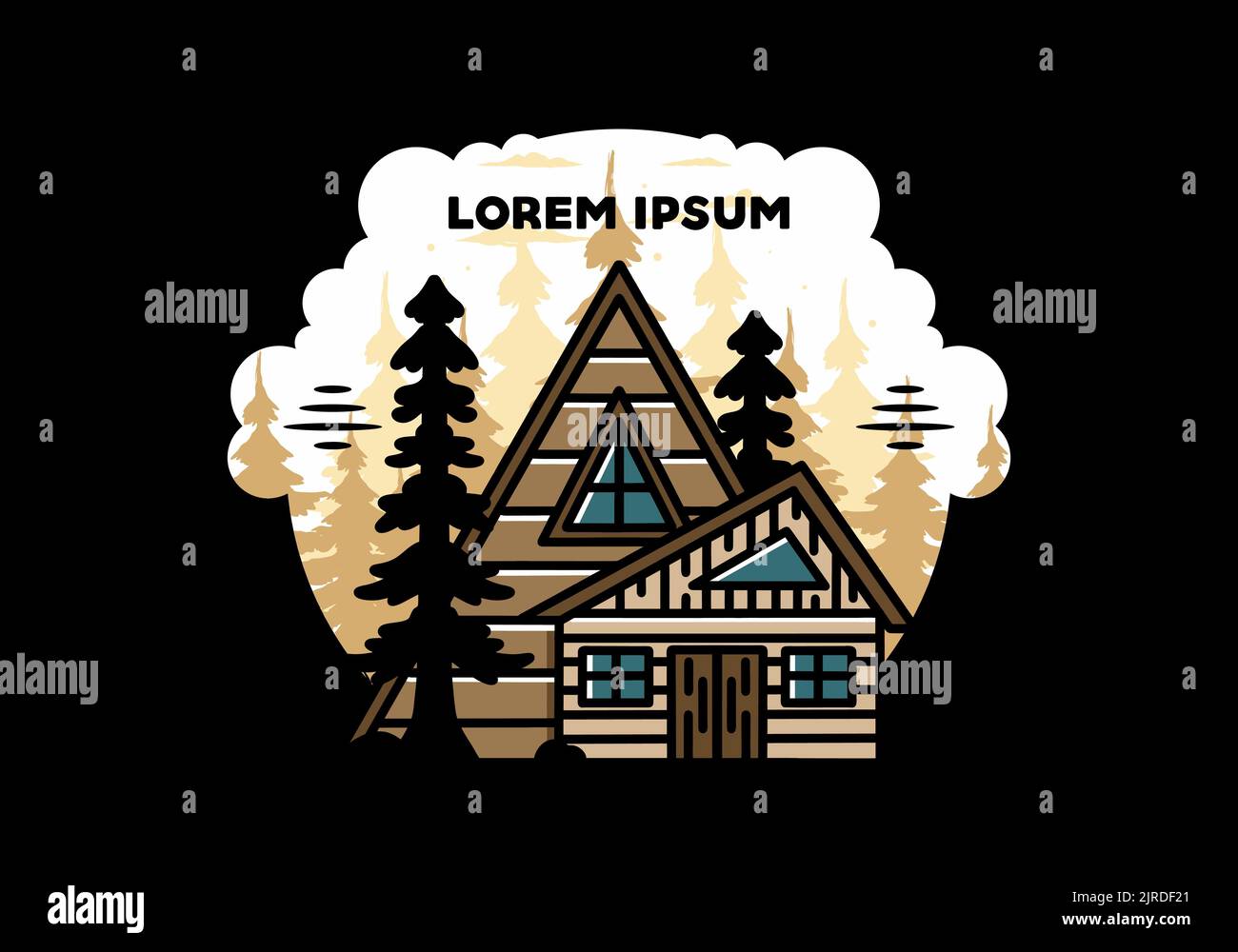 Illustration badge design of an aesthetic wood house between two pine ...