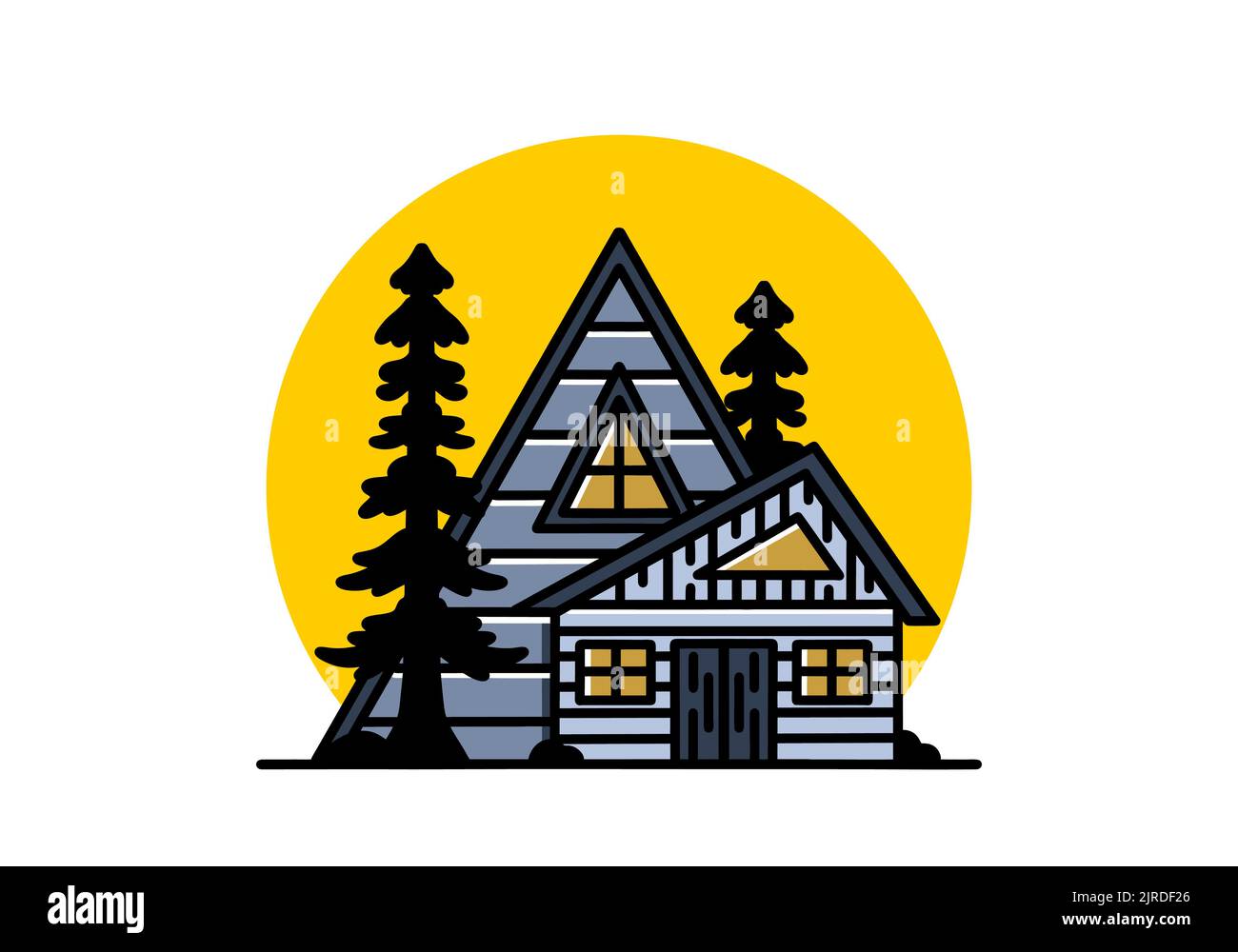 Illustration badge design of an aesthetic wood house between two pine ...