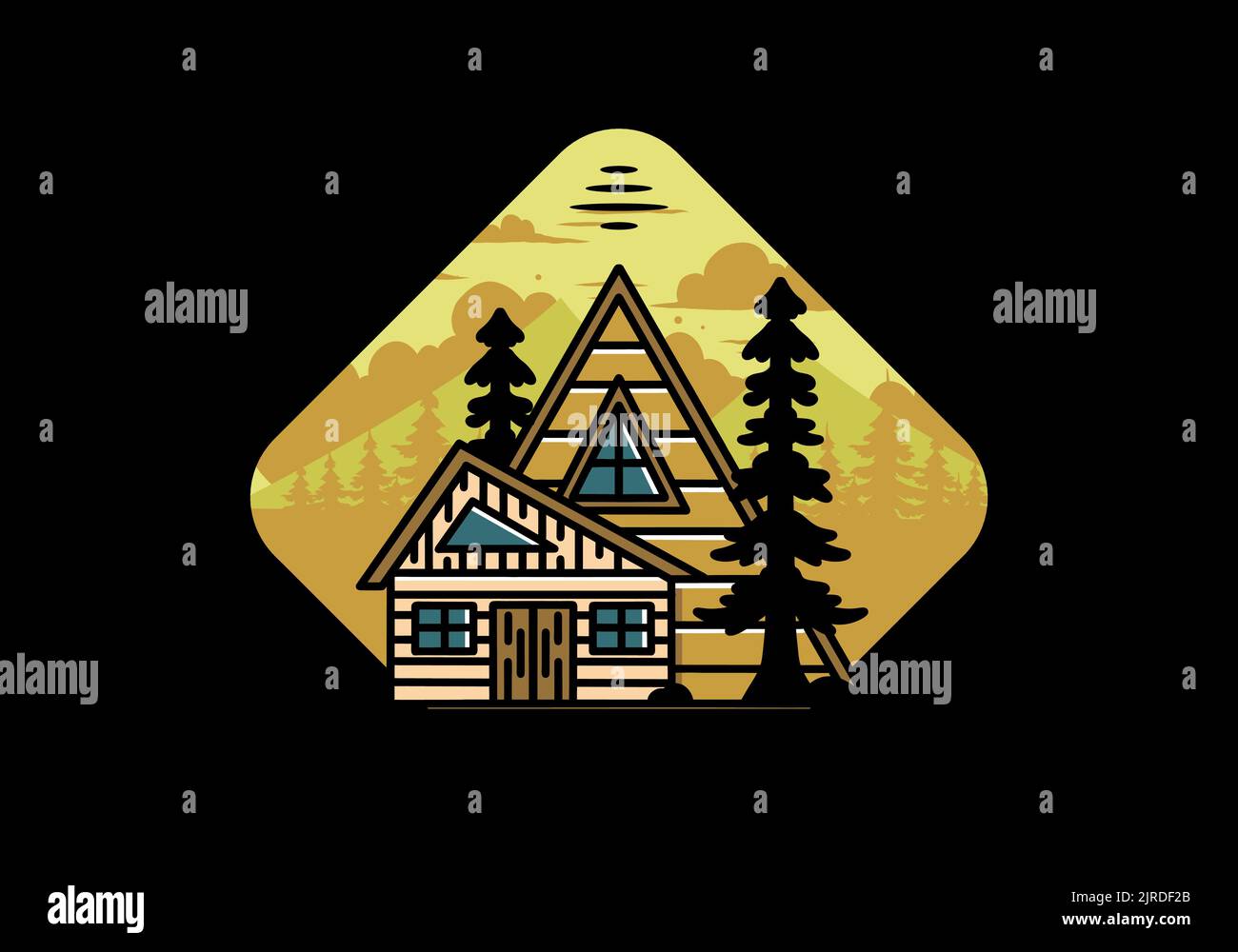 Illustration badge design of an aesthetic wood house between two pine ...
