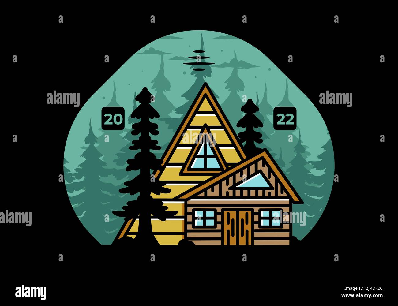 Illustration badge design of an aesthetic wood house between two pine ...