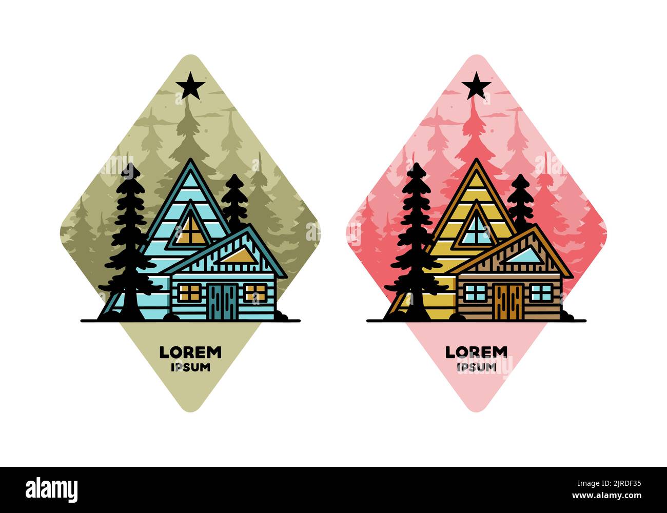 Illustration badge design of an aesthetic wood house between two pine ...