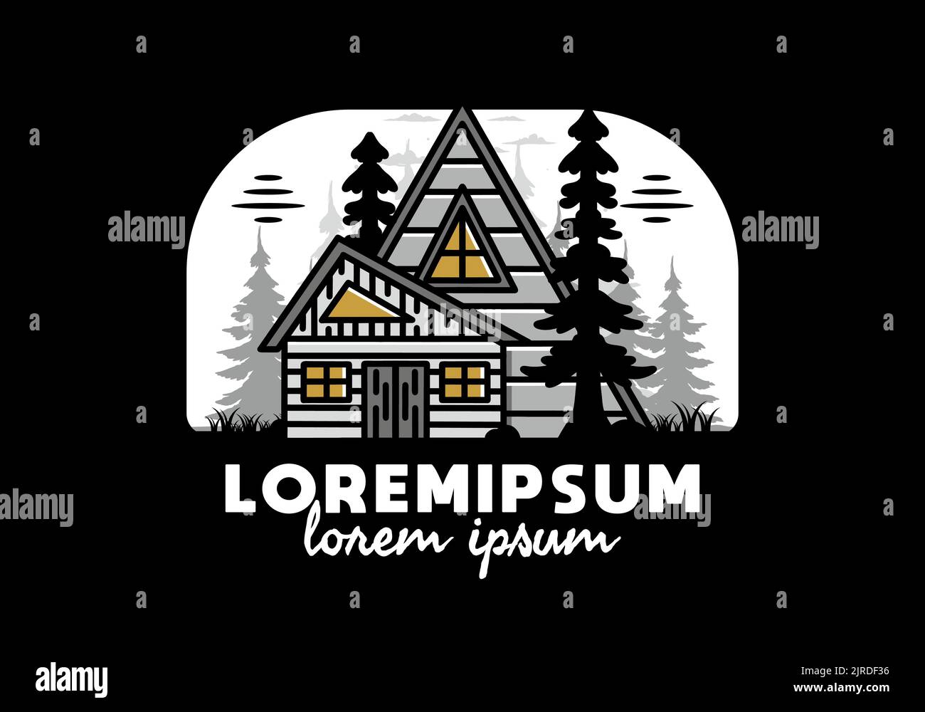 Illustration badge design of an aesthetic wood house between two pine ...