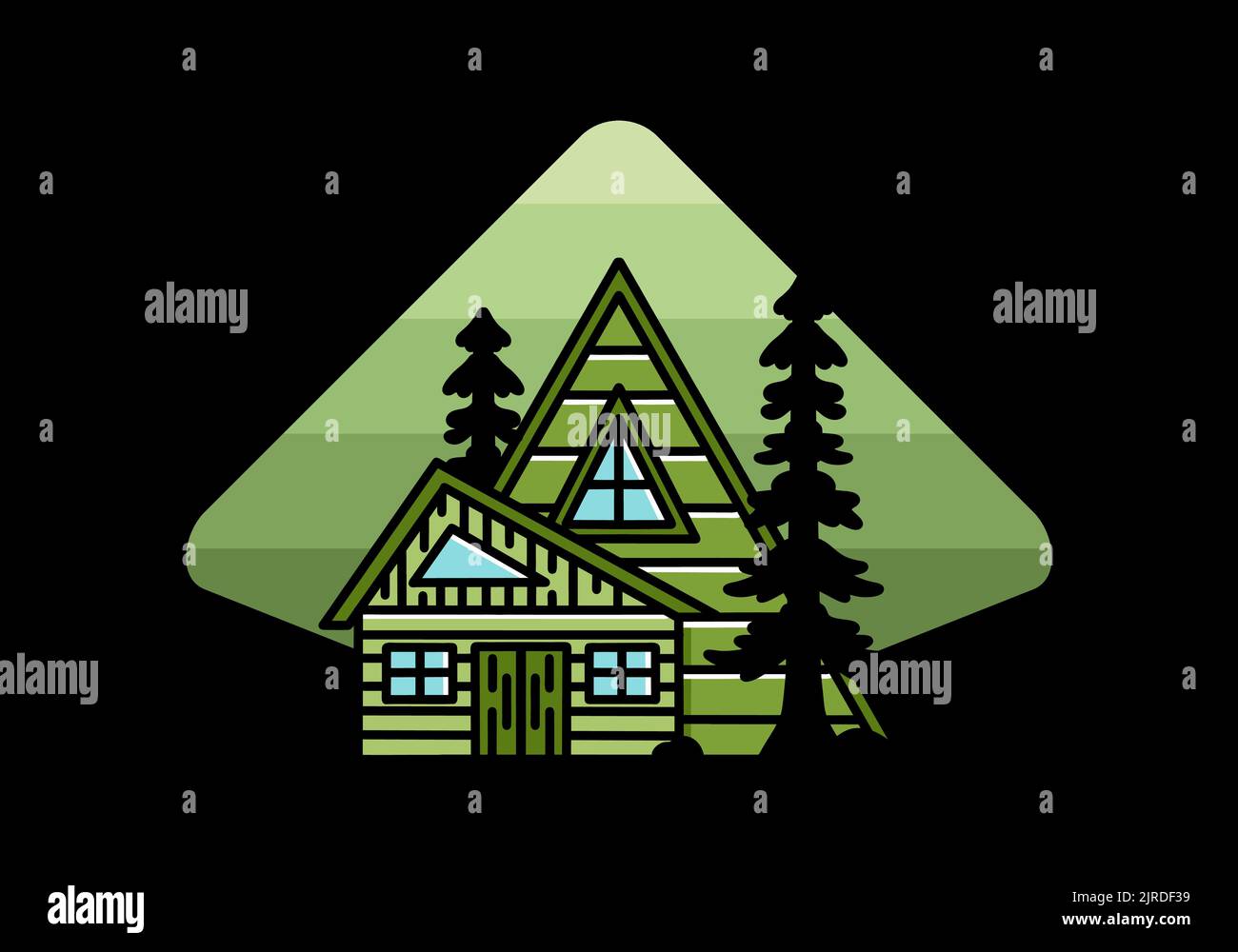 Illustration badge design of an aesthetic wood house between two pine ...