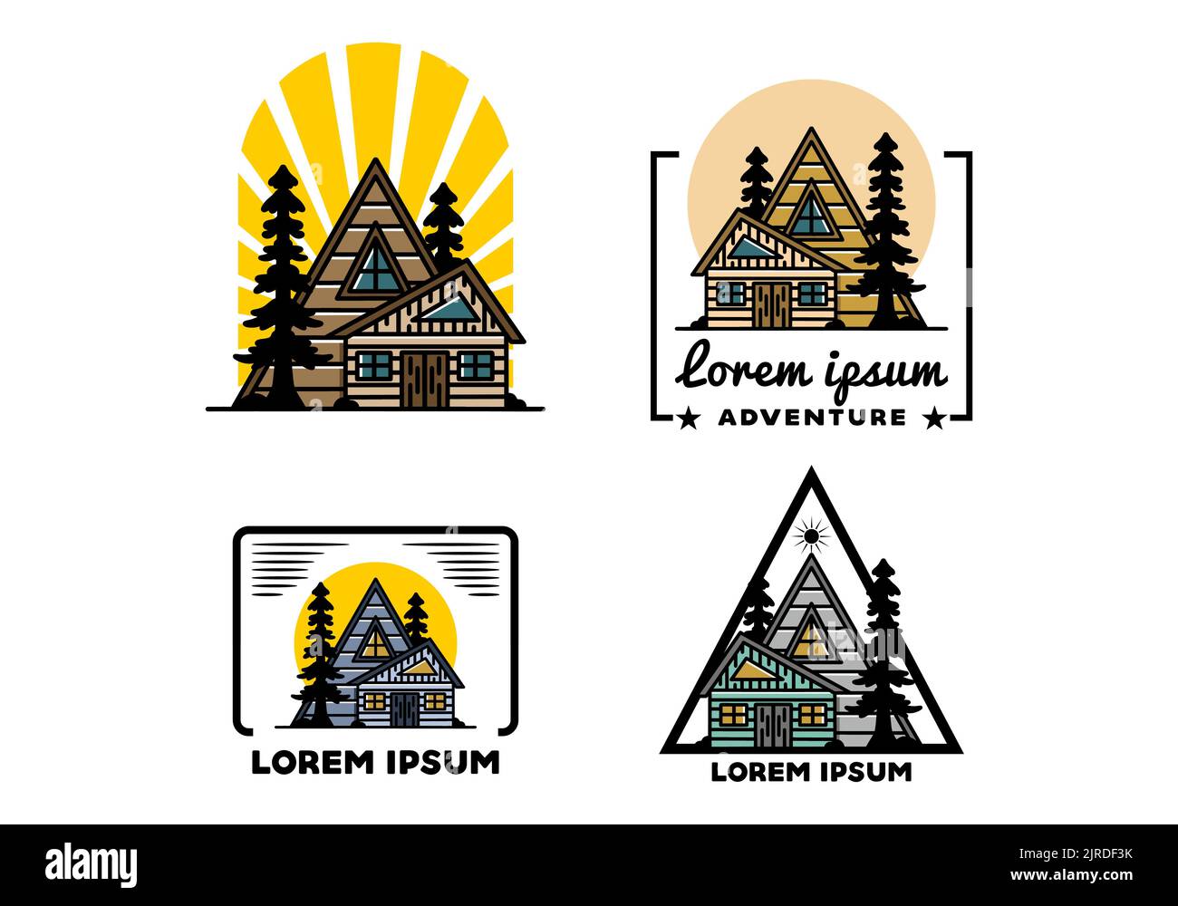 Illustration badge design of an aesthetic wood house between two pine ...