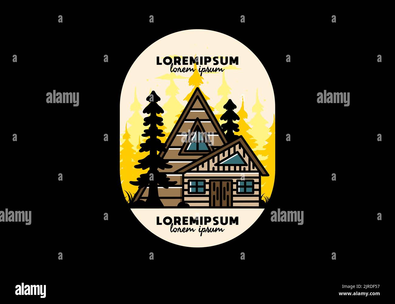 Illustration badge design of an aesthetic wood house between two pine ...