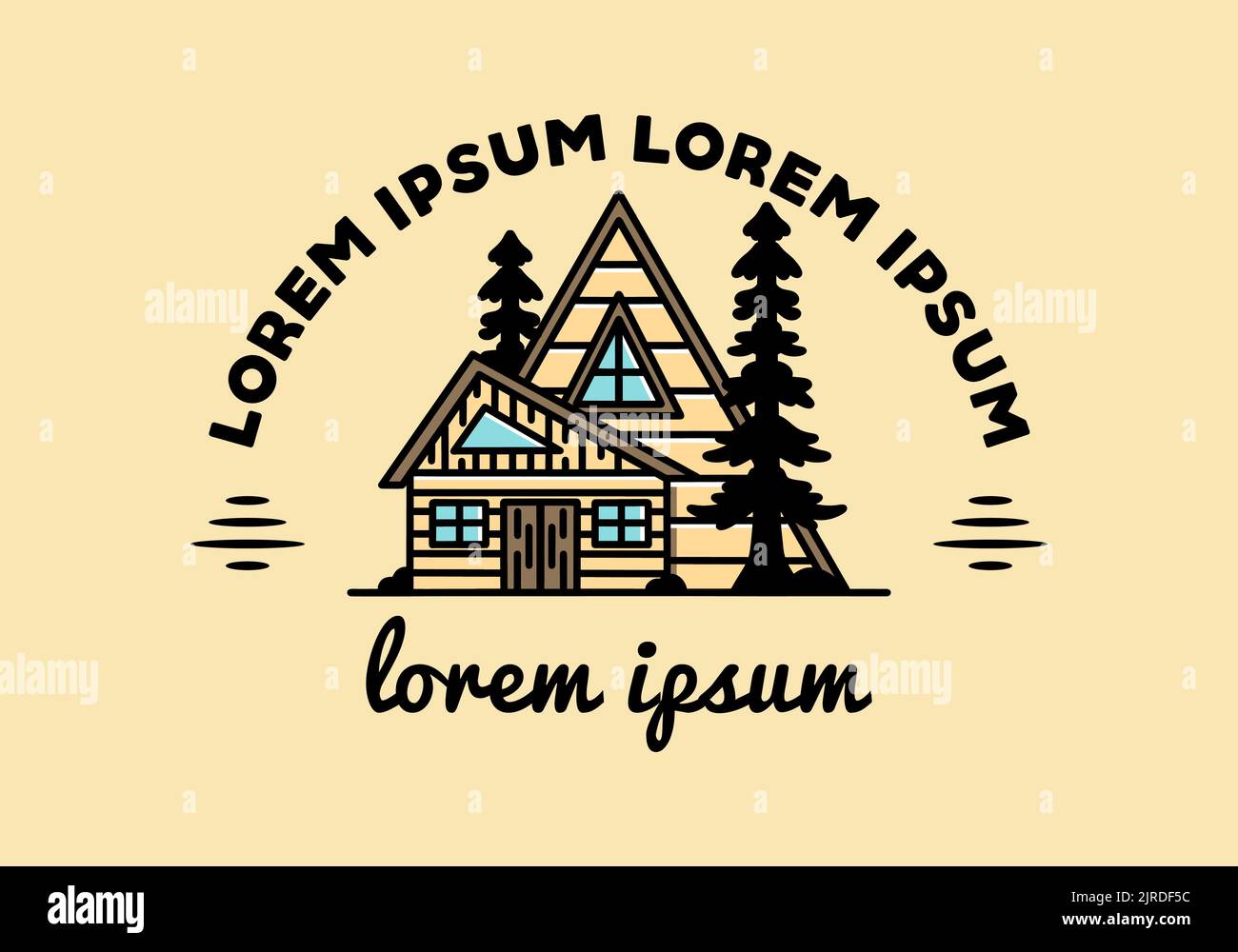 Illustration badge design of an aesthetic wood house between two pine ...