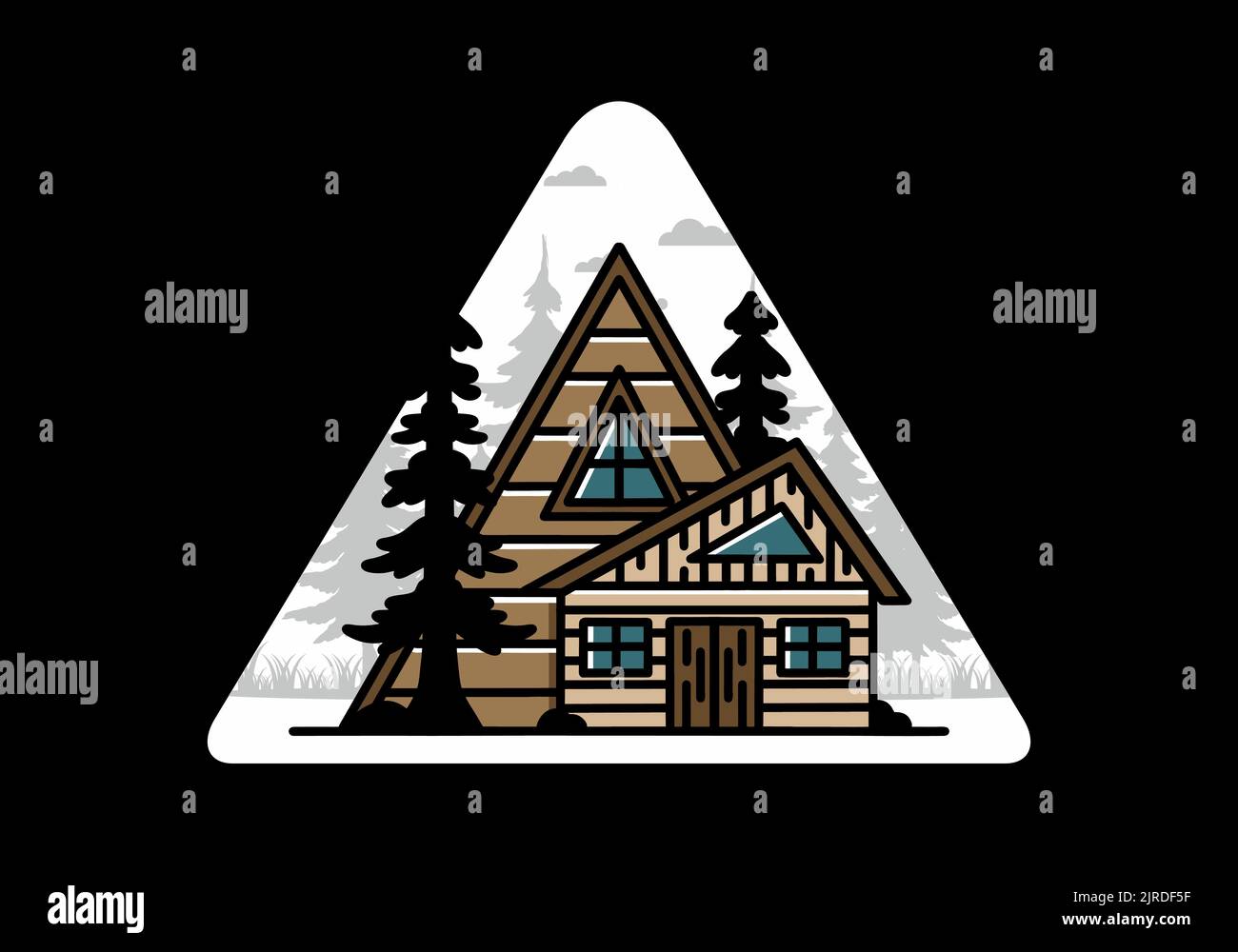 Illustration badge design of an aesthetic wood house between two pine ...