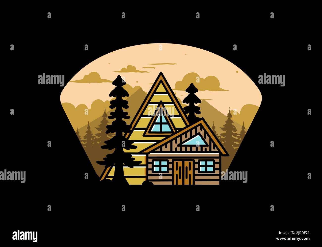 Illustration badge design of an aesthetic wood house between two pine ...