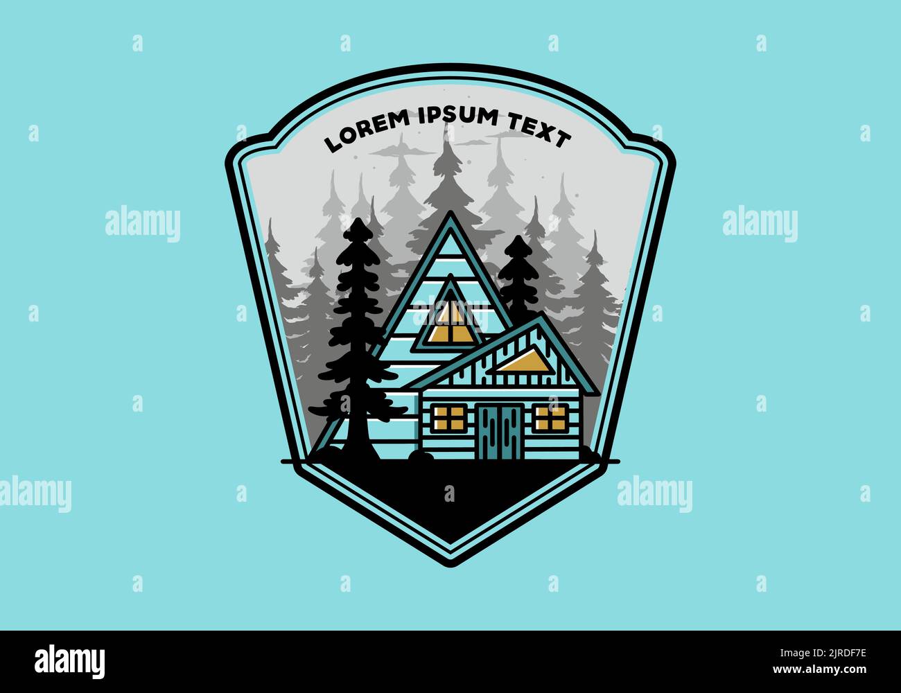 Illustration badge design of an aesthetic wood house between two pine ...