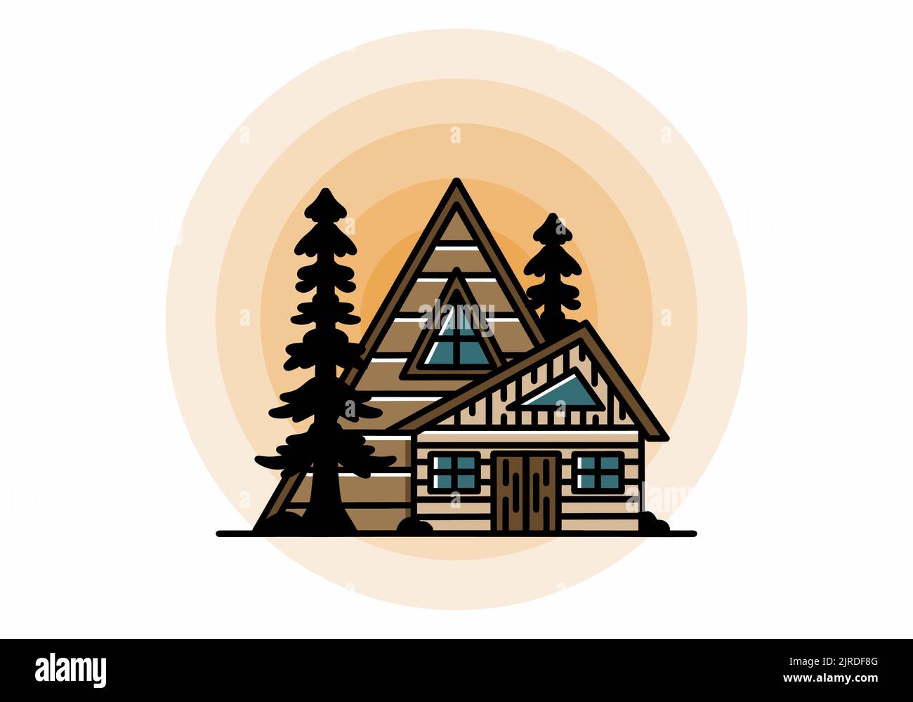 Illustration badge design of an aesthetic wood house between two pine ...