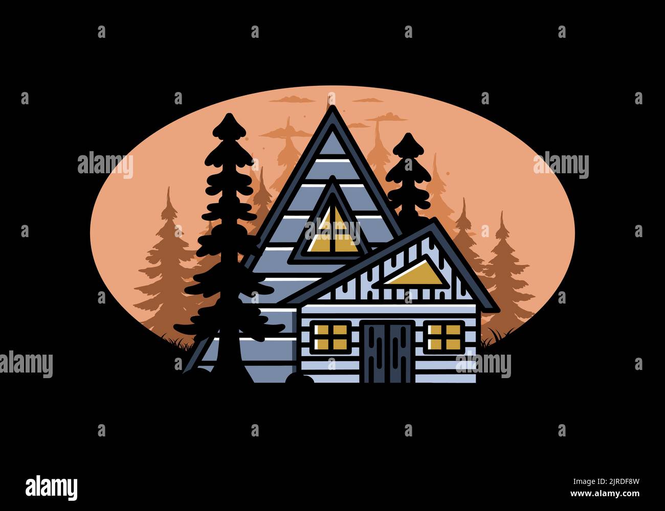 Illustration badge design of an aesthetic wood house between two pine ...