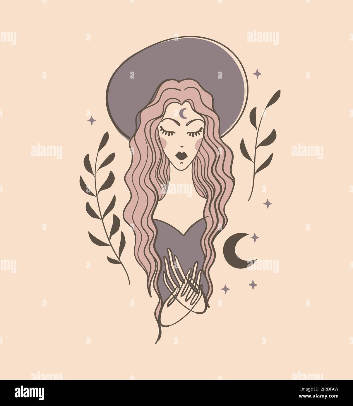 Beautiful boho girl with long hair in a hat, esoteric female portrait ...