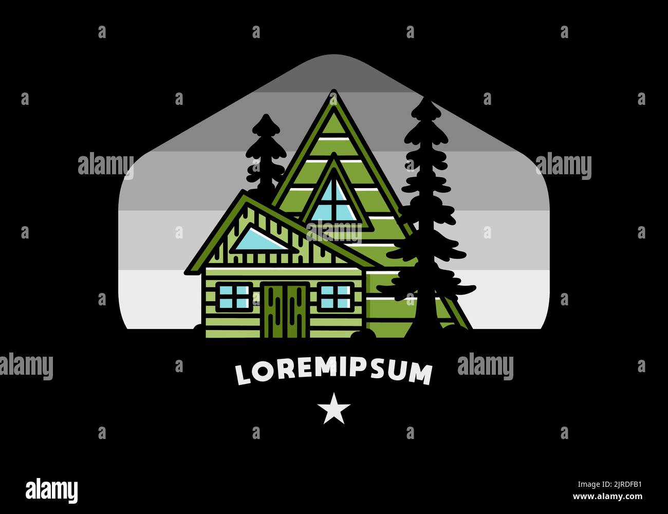 Illustration badge design of an aesthetic wood house between two pine ...