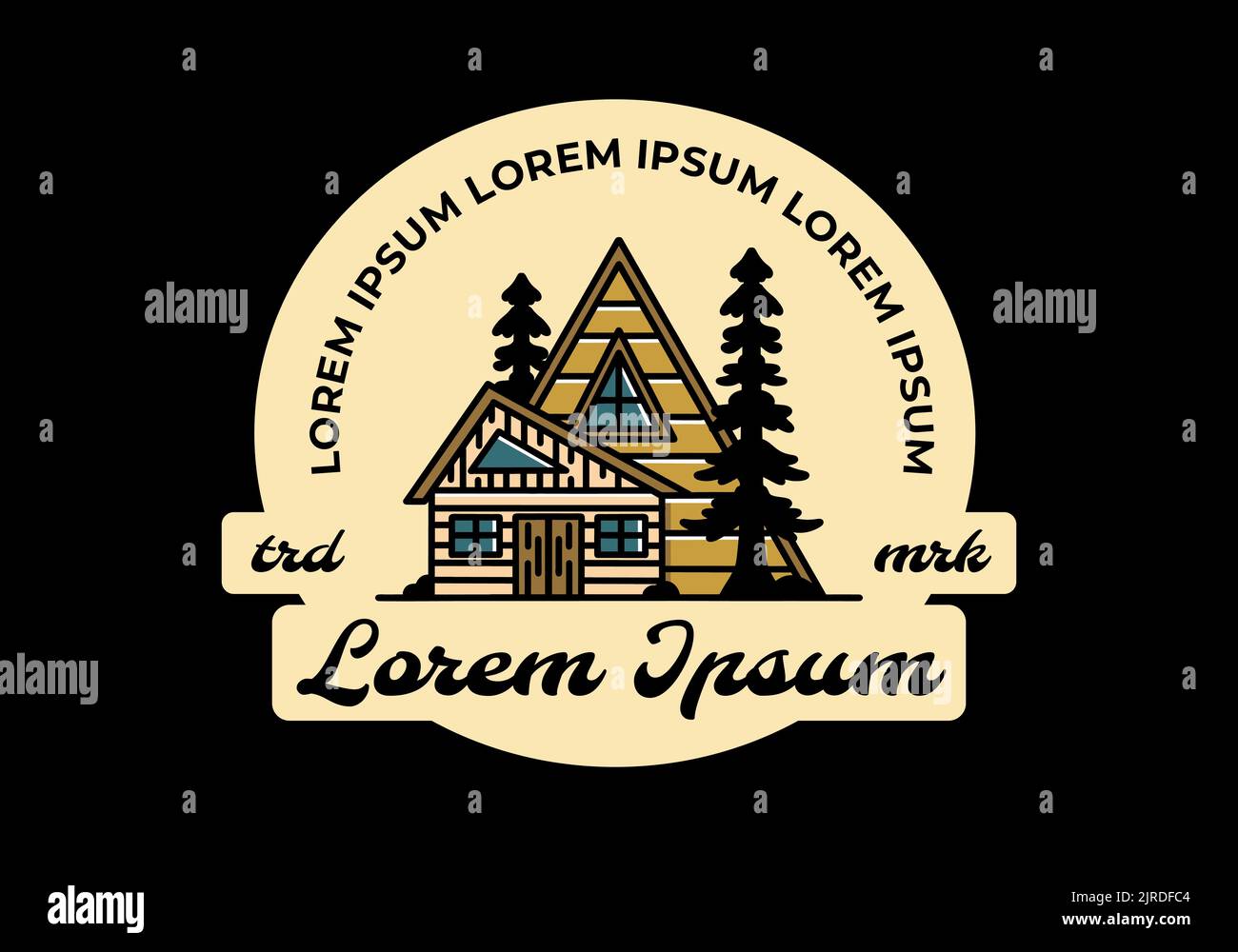 Illustration badge design of an aesthetic wood house between two pine ...