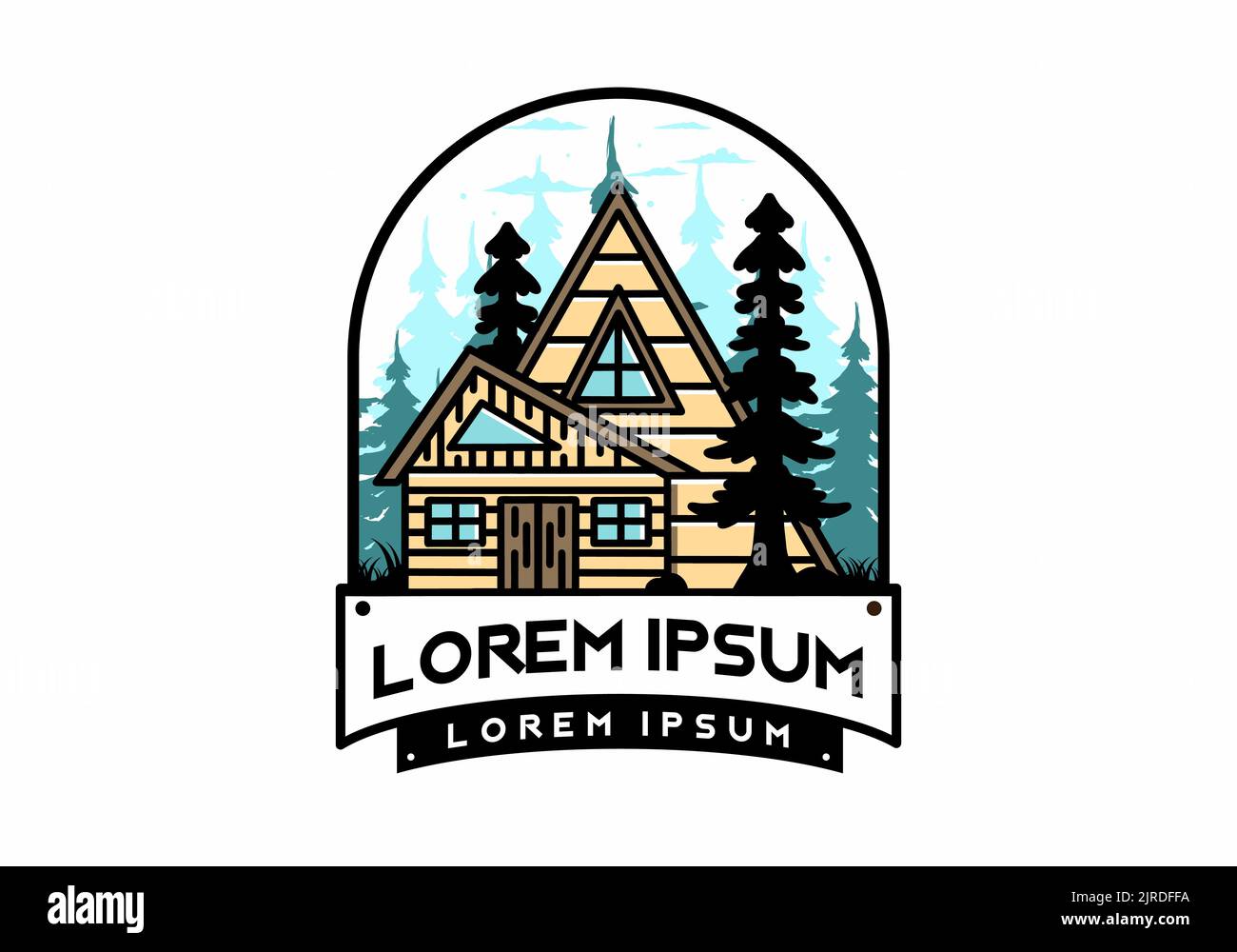 Illustration badge design of an aesthetic wood house between two pine ...
