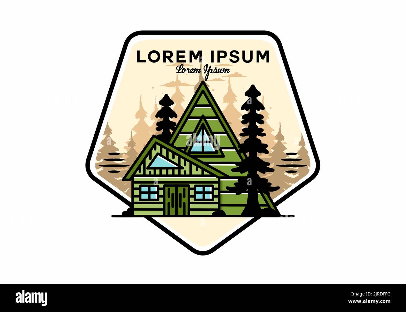 Illustration badge design of an aesthetic wood house between two pine ...