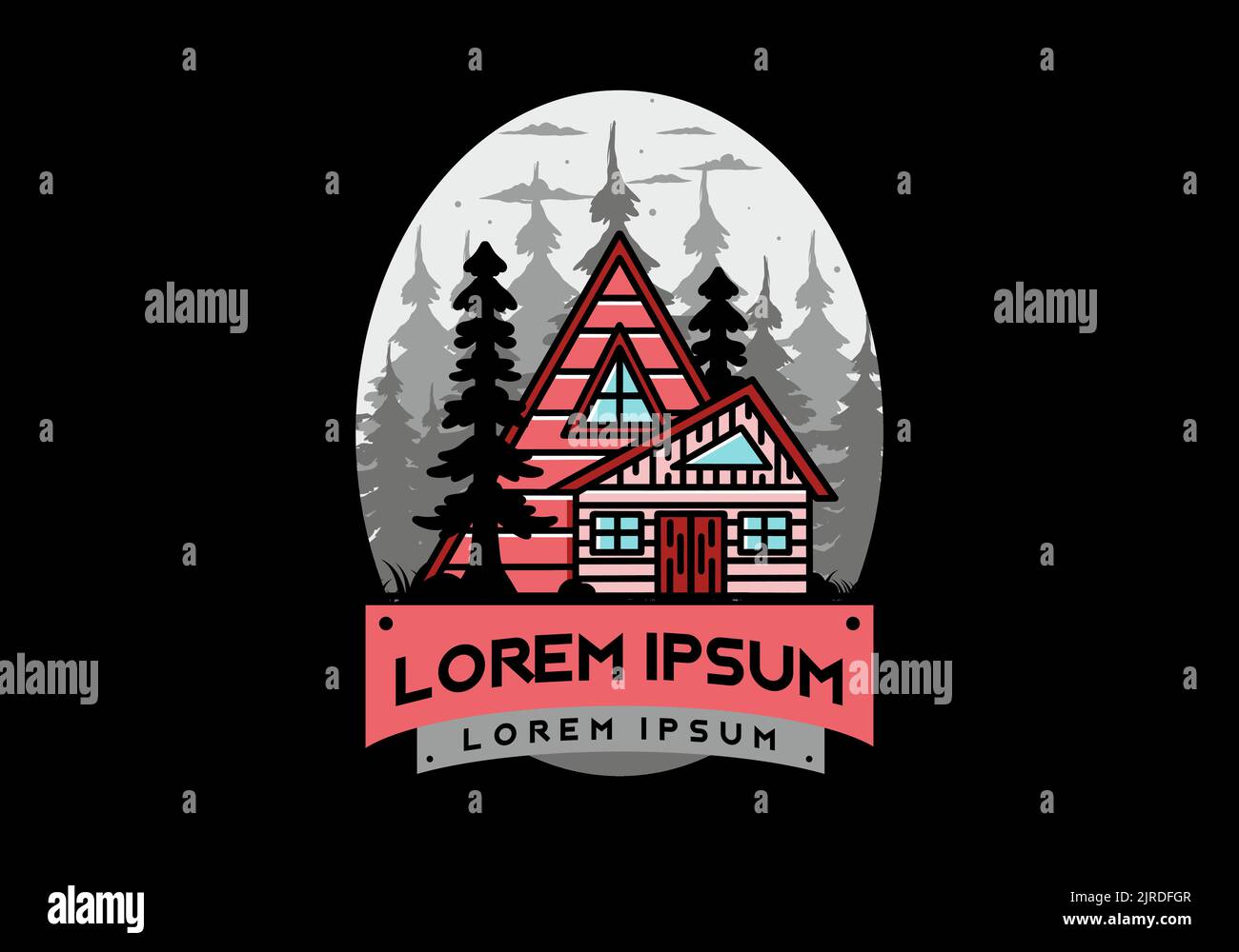 Illustration badge design of an aesthetic wood house between two pine ...