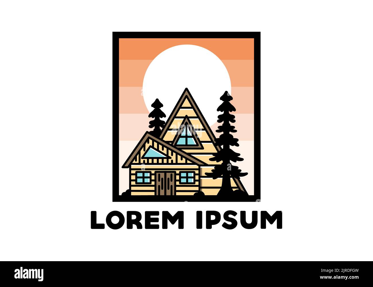 Illustration badge design of an aesthetic wood house between two pine ...