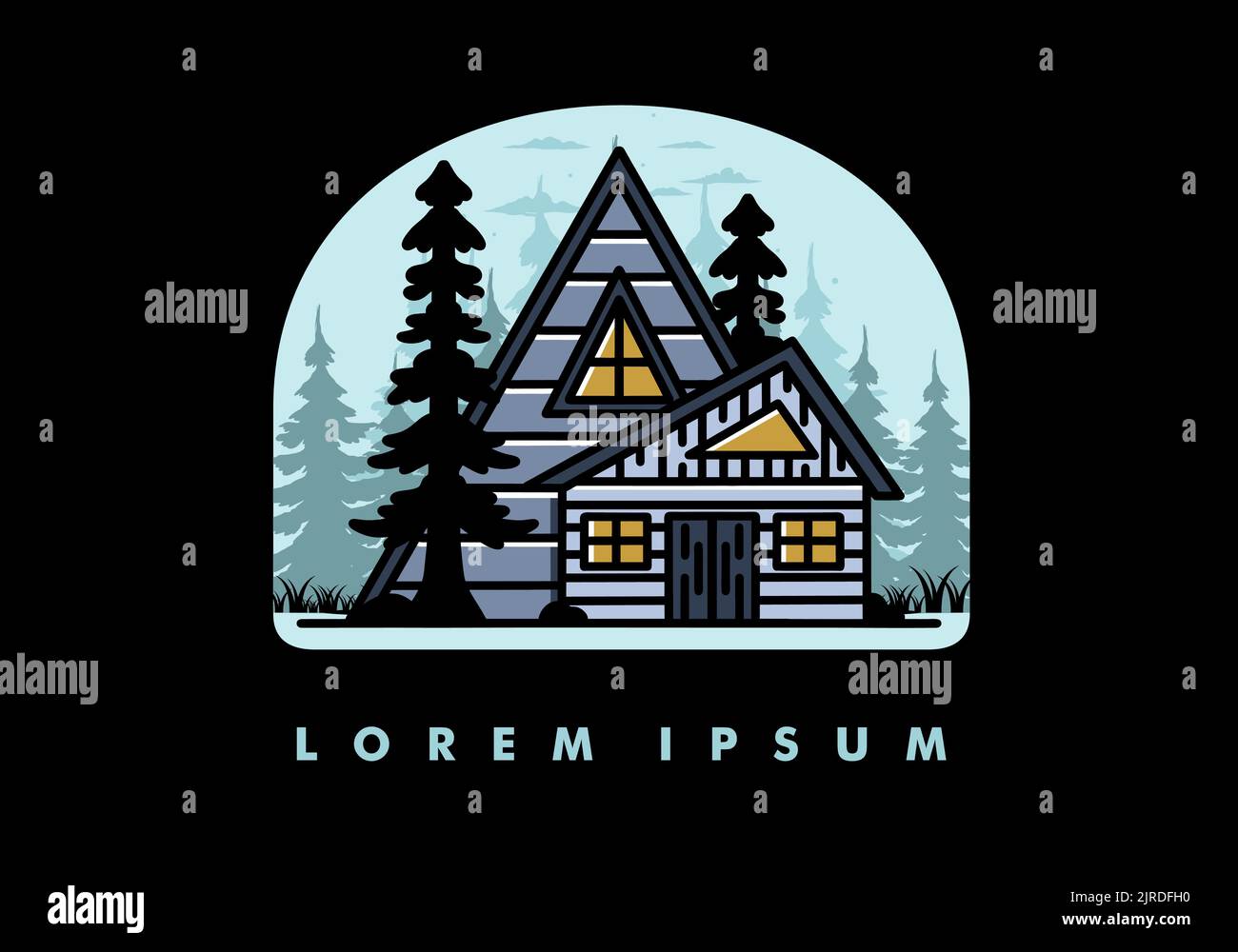 Illustration badge design of an aesthetic wood house between two pine ...