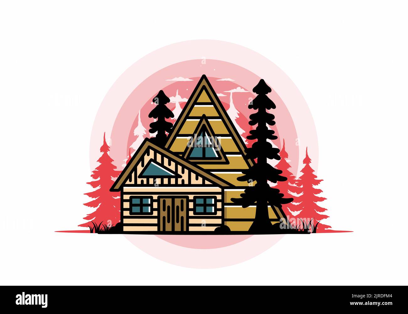 Illustration badge design of an aesthetic wood house between two pine ...