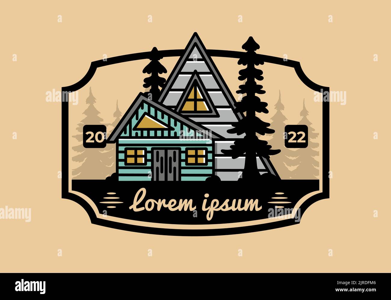 Illustration badge design of an aesthetic wood house between two pine ...