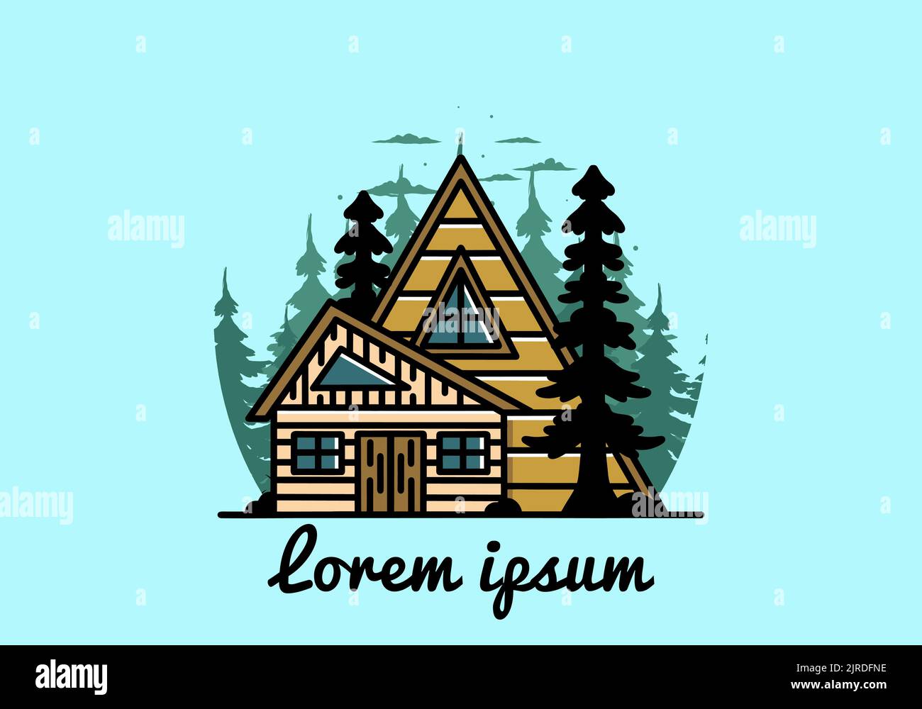 Illustration badge design of an aesthetic wood house between two pine ...