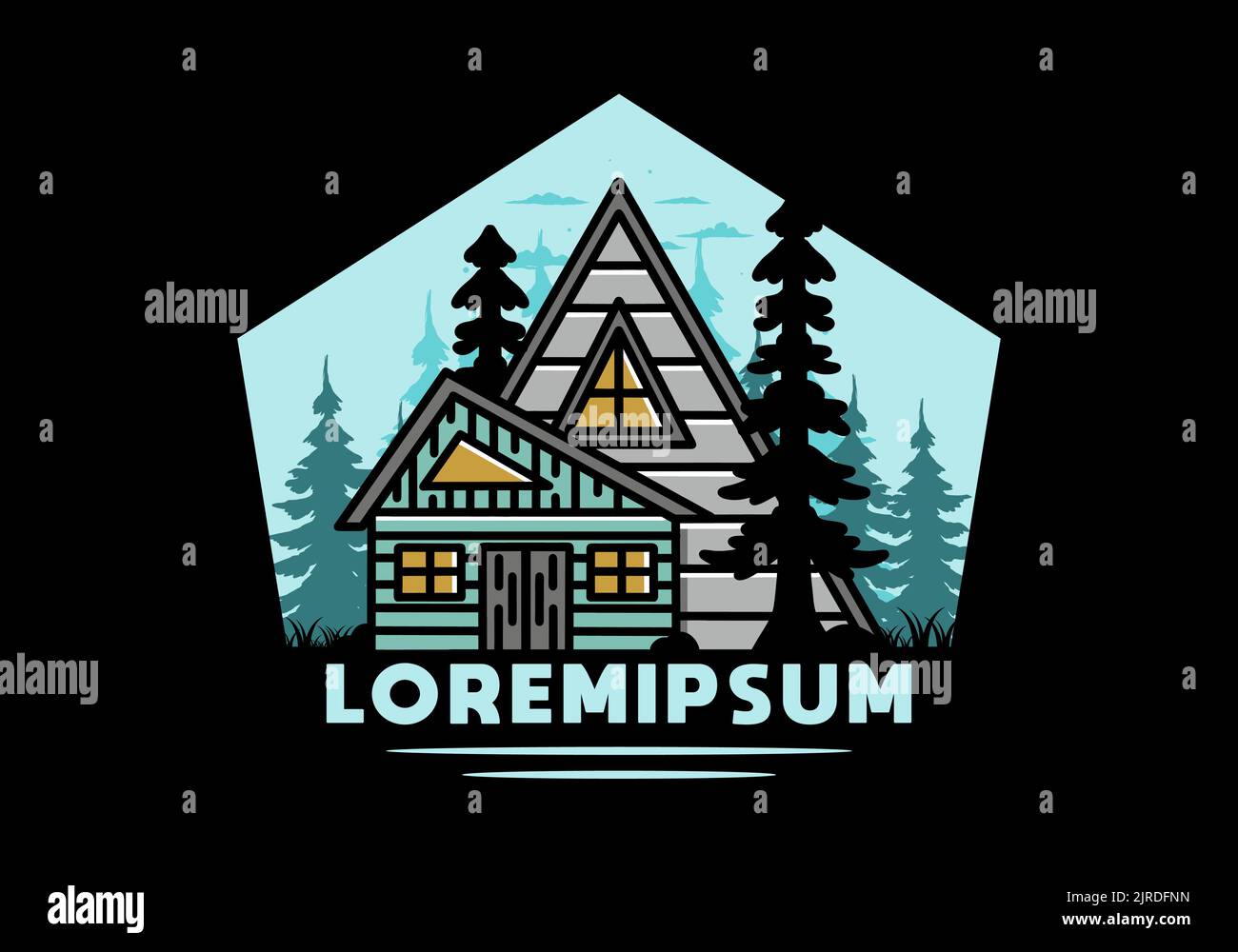Illustration badge design of an aesthetic wood house between two pine ...