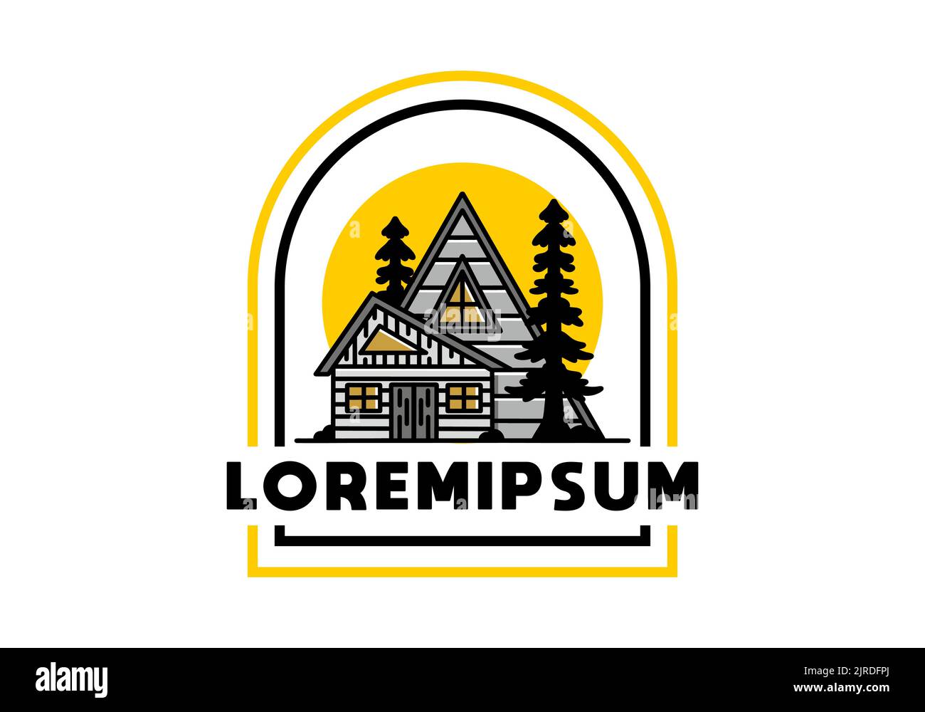 Illustration badge design of an aesthetic wood house between two pine ...