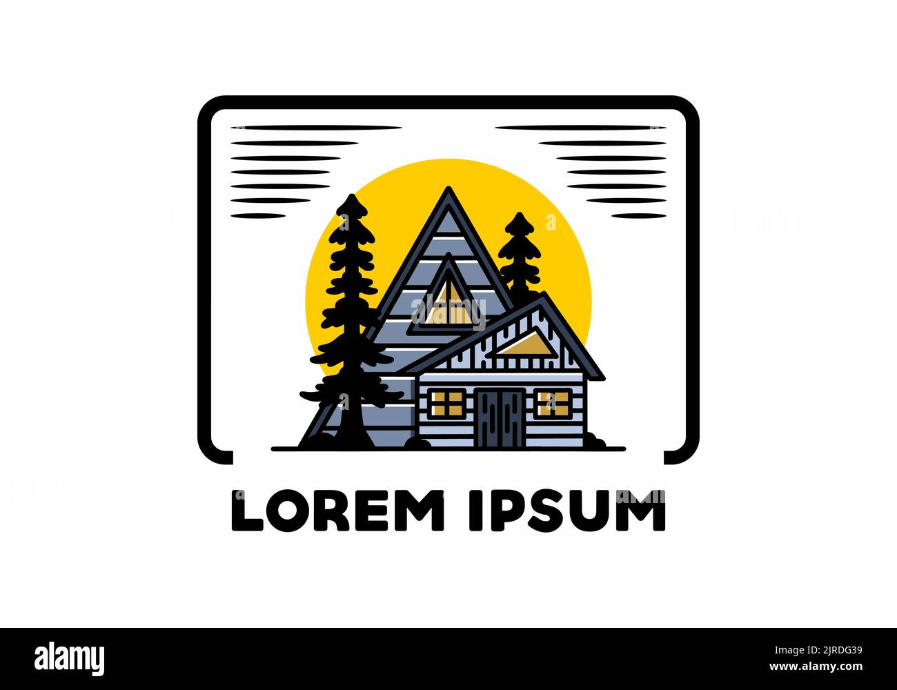 Illustration badge design of an aesthetic wood house between two pine ...