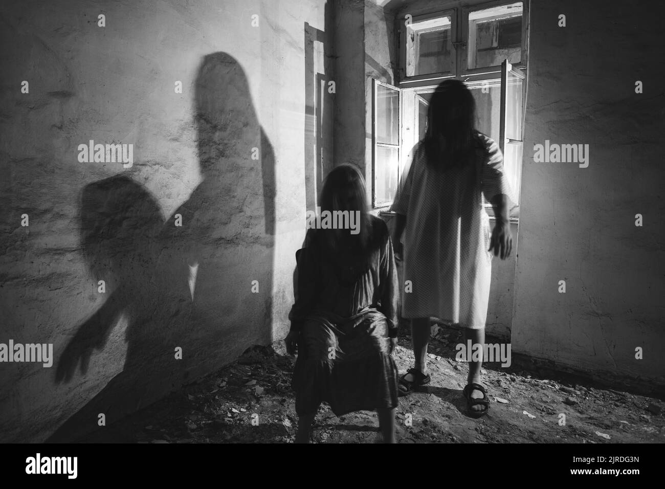 Ghosts in abandoned, haunted house. Horror scene of scary spirit of a ...