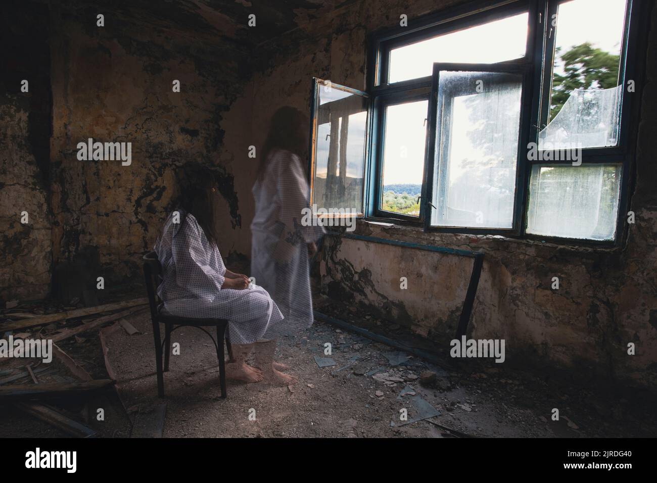 Ghost in abandoned, haunted house. Horror scene of scary spirit of a ...