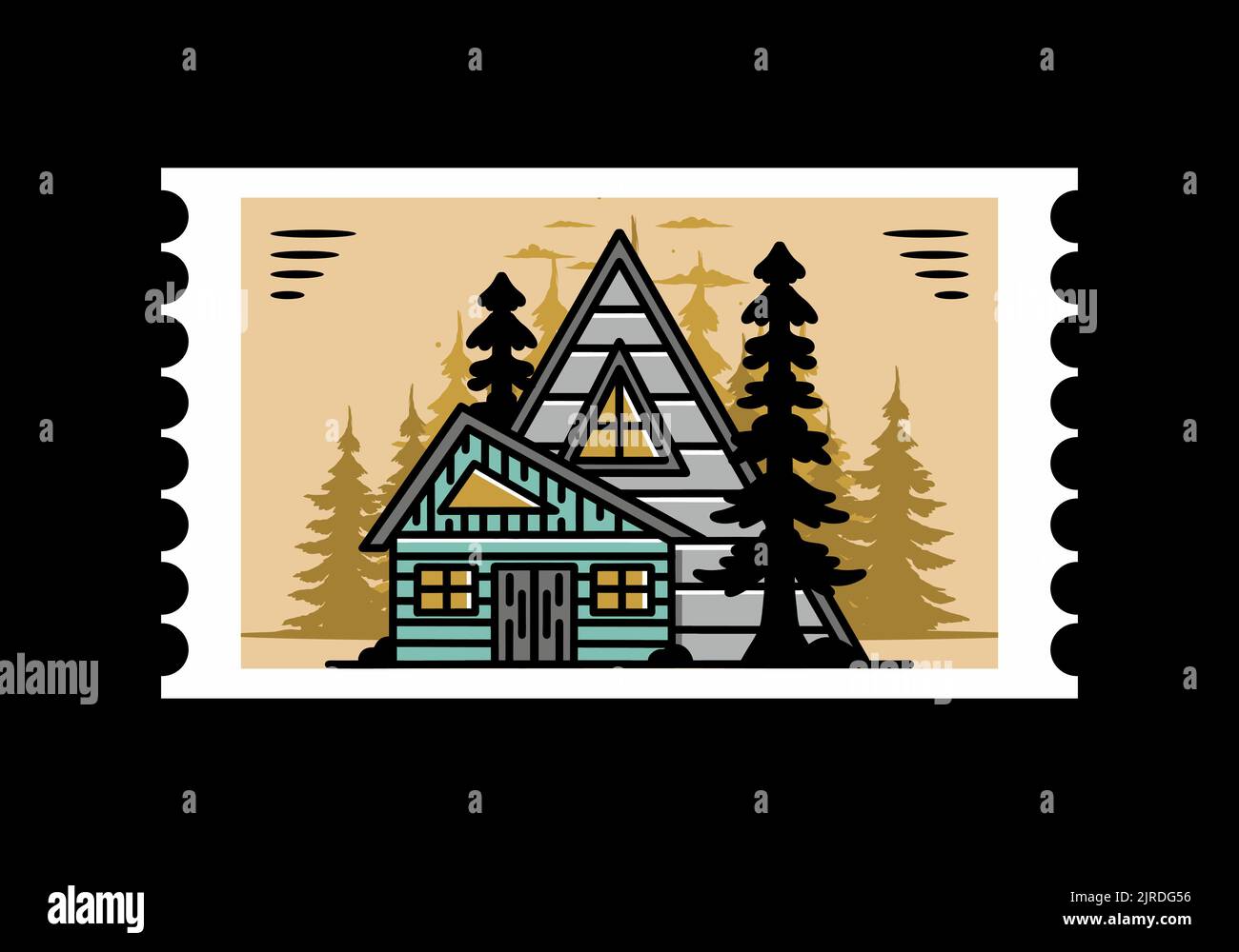 Illustration badge design of an aesthetic wood house between two pine ...
