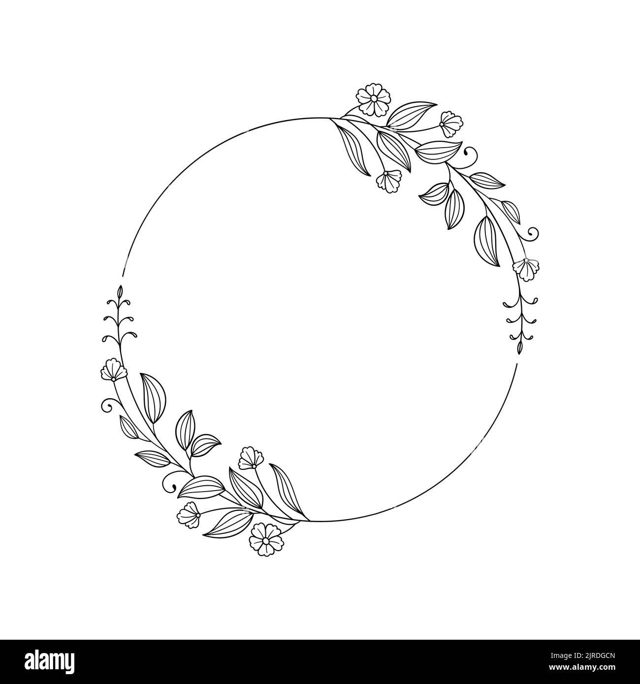 A hand-drawn abstract circle frame with wreath and leaves, floral theme ...