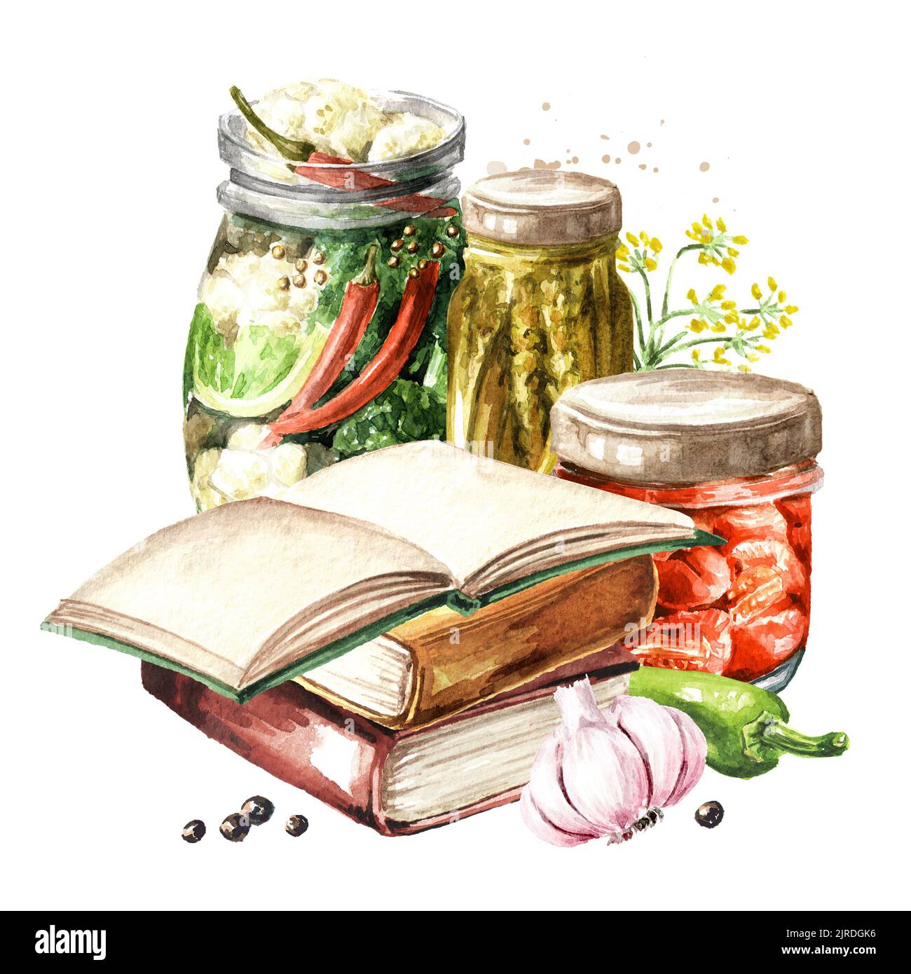 Coocking books and Homemade canned vegetables Watercolor hand drawn ...