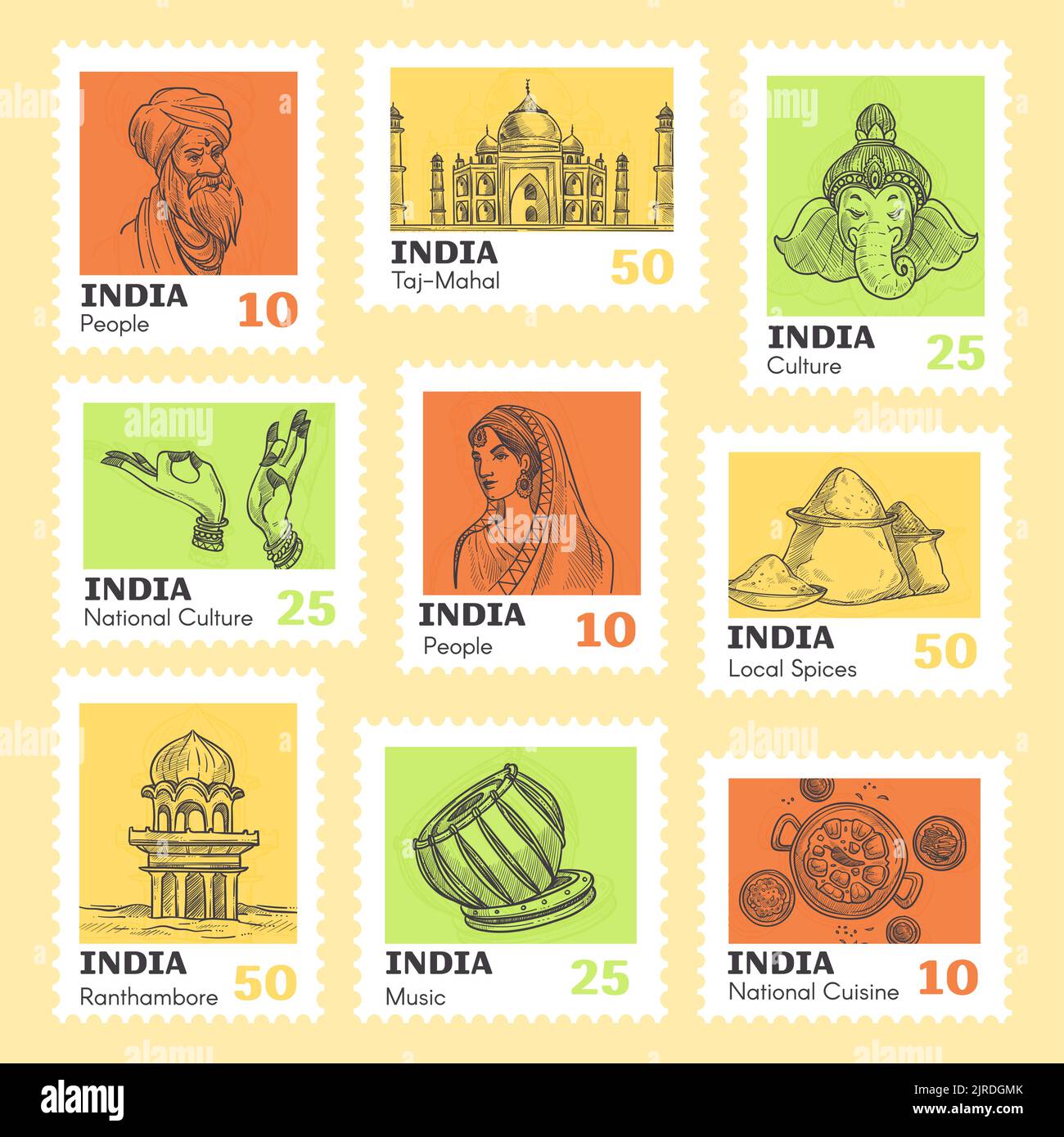 Colorful postage stamp set with indian element Stock Vector Image & Art ...