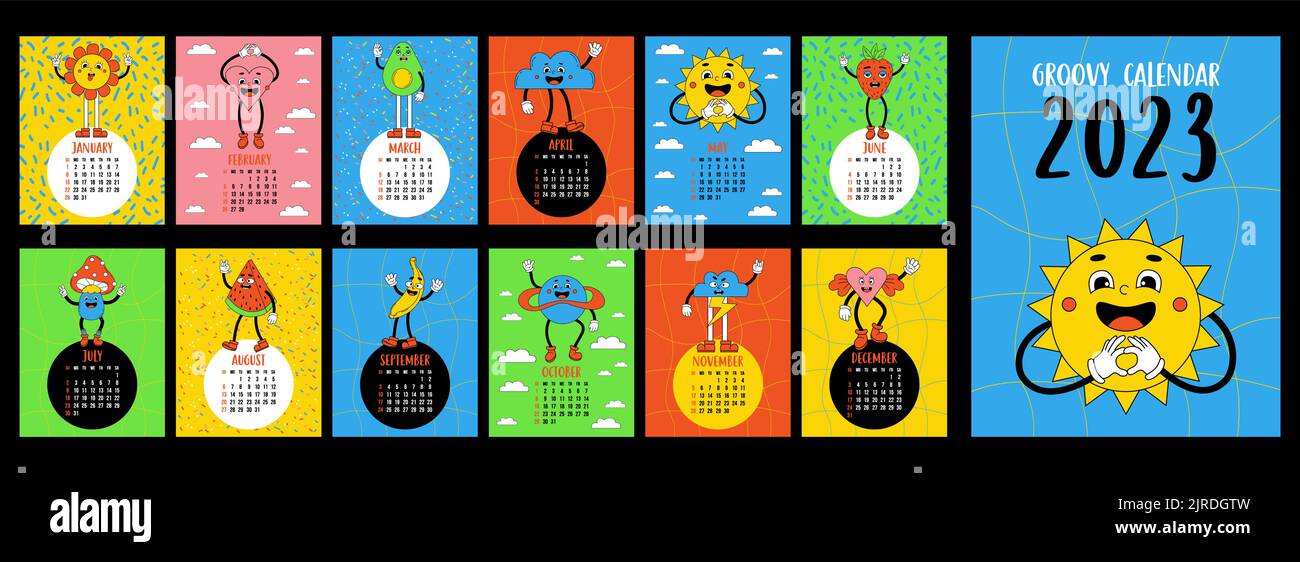 Retro calendar template 2023 with groovy style. Cartoon funny comic ...