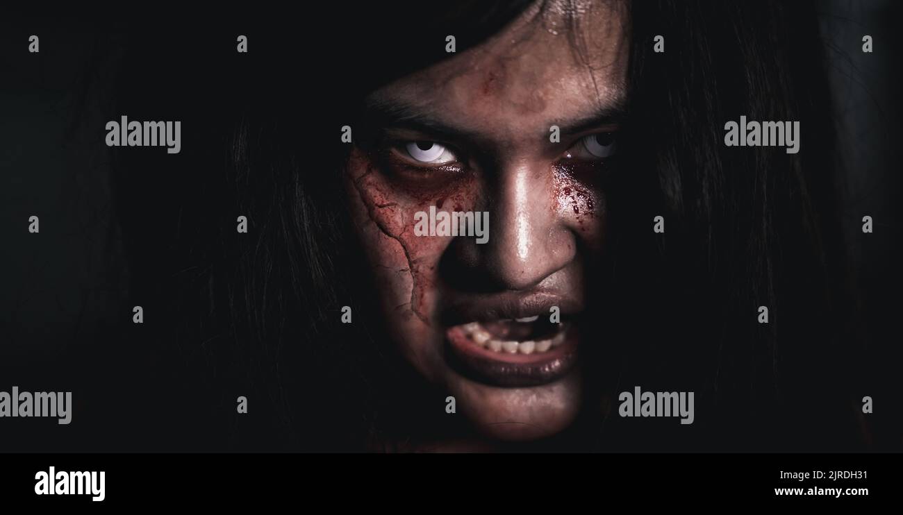 Horror bloodthirsty woman ghost or zombie she is horror scary with open ...