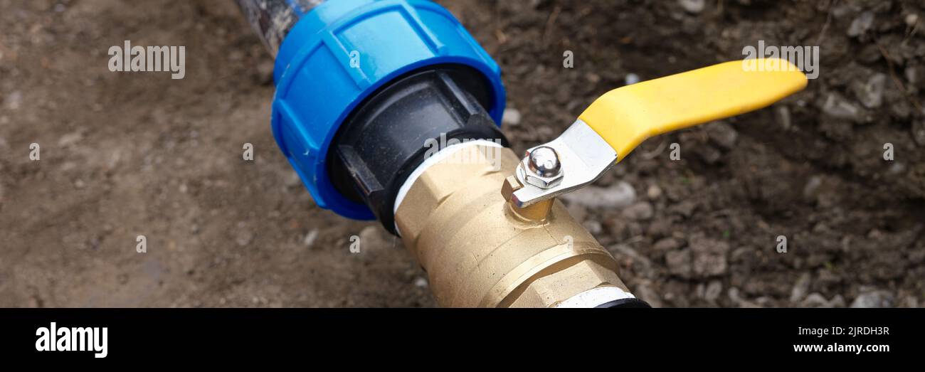 Drainage system with connector and faucet for watering garden closeup ...