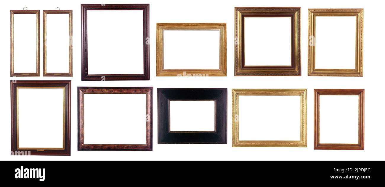 Collection of Old antique wooden and golden frame isolated on white ...