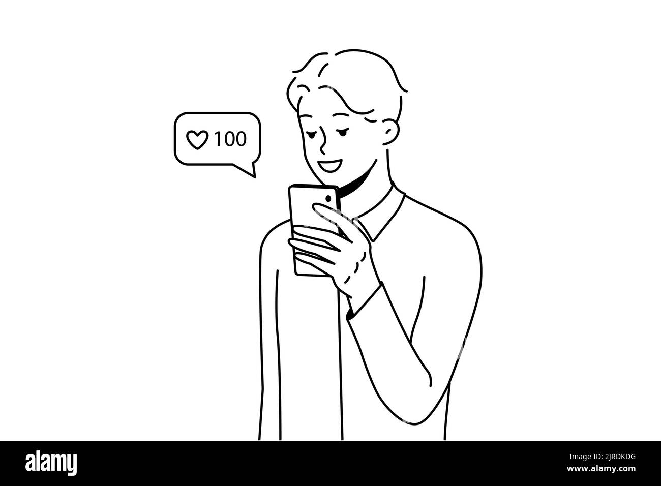 Smiling young man using cellphone collect likes on social media. Happy ...