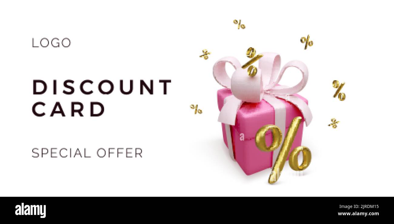 Discount card concept. 3D gift box with bow and gold percent signs ...