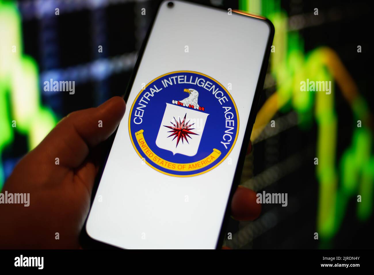 The CIA (Central Intelligence Agency) logo is seen on a Redmi phone screen in this photo ...
