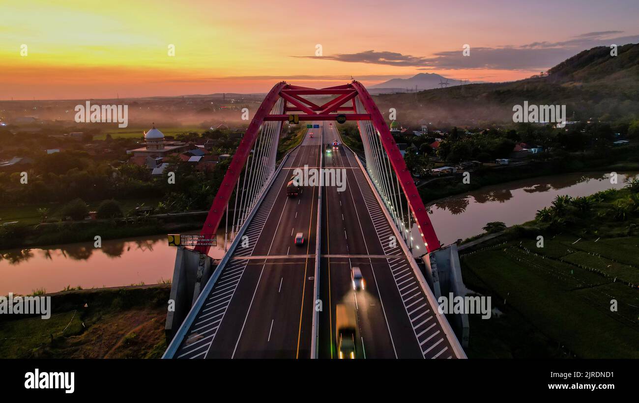 Aerial view of the Kalikuto Bridge, an Iconic Red Bridge at Trans Java ...