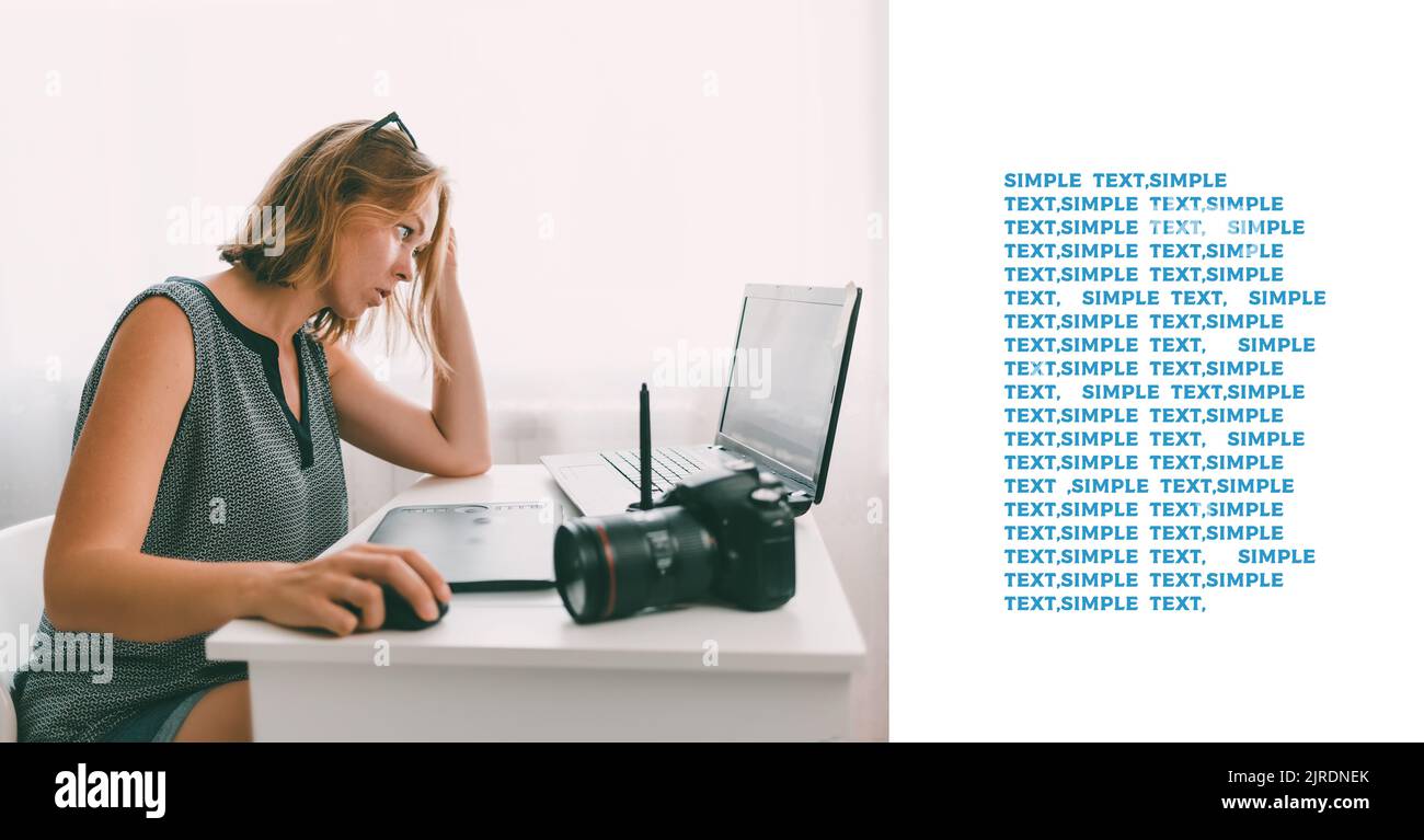 Creative and office work. Young woman photographer working at a ...